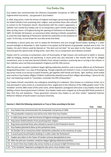 Guy Fawkes Day - Reading Comprehension Text / Worksheet | Teaching ...