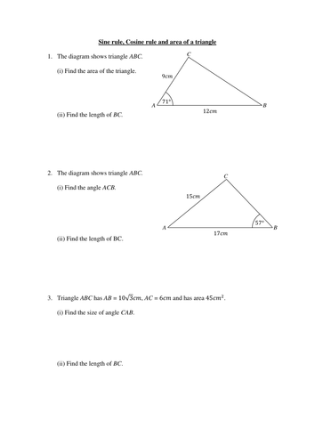 Worksheet on sine rule, cosine rule and area of a triangle | Teaching ...