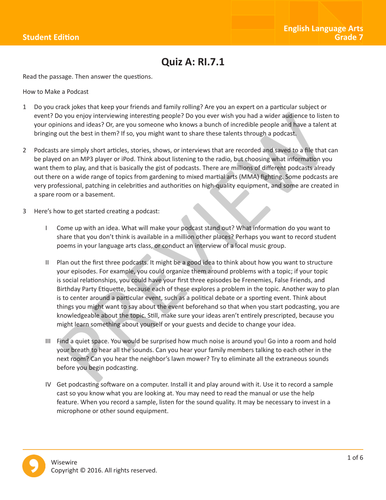 RI.7.1 - Quiz and Answer Guide | Teaching Resources