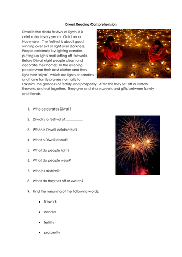 Diwali Reading Comprehension - ESOL/ESL/EAL/EFL | Teaching Resources