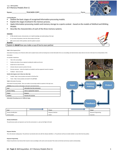 A-Level PE EDEXCEL (spec 2016) 3.7: Memory Models (Part 1) | Teaching ...