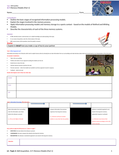 A-Level PE EDEXCEL (spec 2016) 3.7: Memory Models (Part 1) | Teaching ...