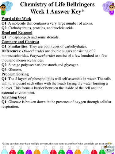 Two Weeks of Chemistry of Life Bellringers Warm Ups with Answer Key ...