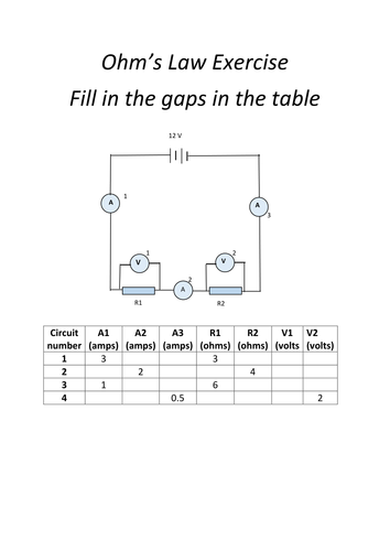 Ohm's Law Exercise | Teaching Resources