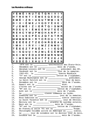 Numéros ordinaux (Ordinal numbers in French) word search | Teaching ...
