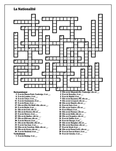 Nationalités (Nationalities in French) Crossword 2 | Teaching Resources