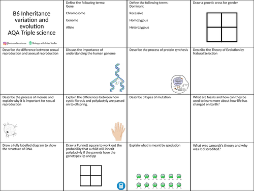AQA Triple Biology B6 Inheritance, variation and Evolution revision grid | Teaching Resources