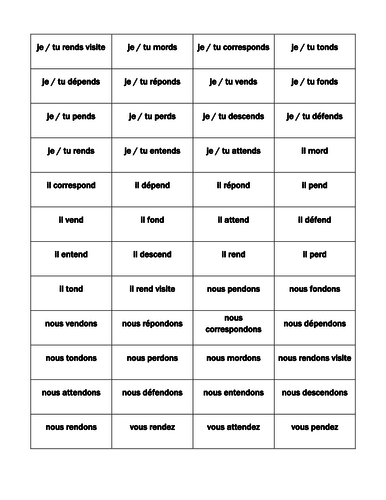 RE Verbs in French Verbes RE Present tense Bingo | Teaching Resources