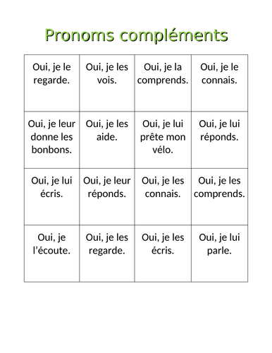 Pronoms compléments Object Pronouns Bingo and Worksheet | Teaching ...