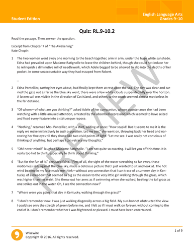 RL.9-10.2 - The Awakening - Quiz and Answer Guide | Teaching Resources