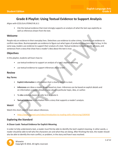 Textual Evidence to Support Analysis - RL.8.1 - Playlist and Teaching ...