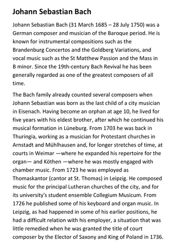 Johann Sebastian Bach Handout | Teaching Resources