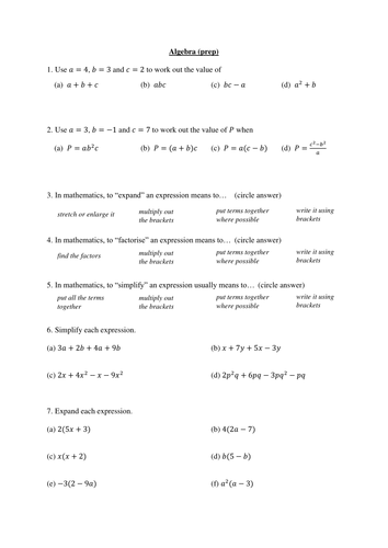 Homework / test on algebra (expand, simplify, factorise) | Teaching ... Homework / test on algebra (expand, simplify, factorise) | Teaching ...