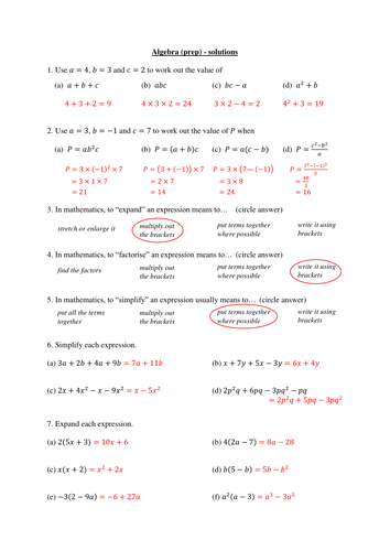 Homework / test on algebra (expand, simplify, factorise) | Teaching ... Homework / test on algebra (expand, simplify, factorise) | Teaching ...