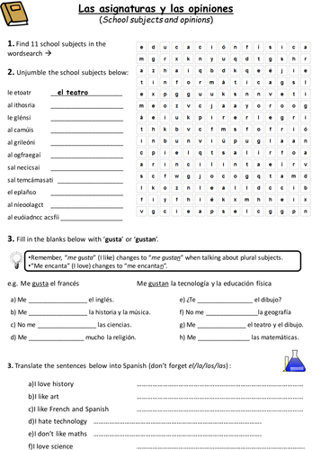 KS3 Spanish: opinions on school subjects (worksheet) | Teaching Resources KS3 Spanish: opinions on school subjects (worksheet) | Teaching Resources