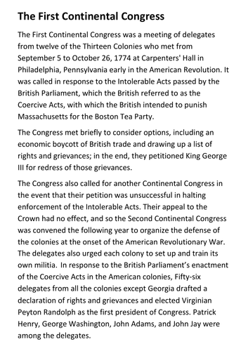 The First Continental Congress Handout | Teaching Resources