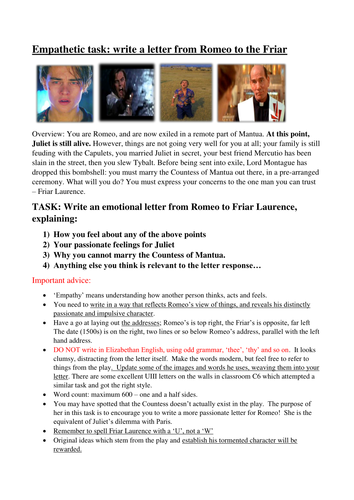Romeo's letter to Friar: empathetic creative task, full worksheet ...