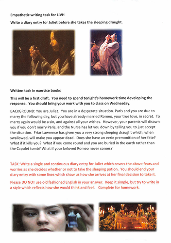 Romeo and Juliet: empathetic writing task: write a diary from Juliet's ...