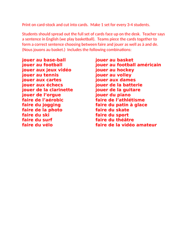 Faire ou Jouer French Verbs Sentence Builder Activity | Teaching Resources
