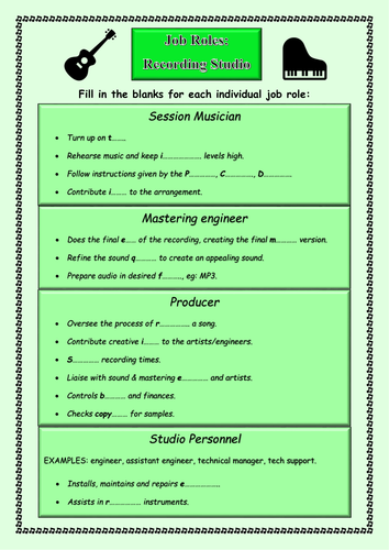 Recording Studio Job Roles in the Music Industry | Teaching Resources