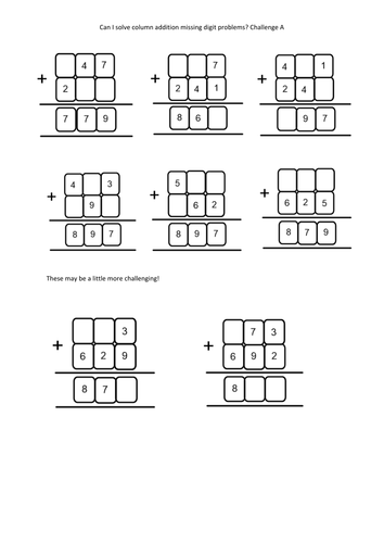 Year 4/5/6 Missing addition problems (column) Linked to White Rose ... Year 4/5/6 Missing addition problems (column) Linked to White Rose ...