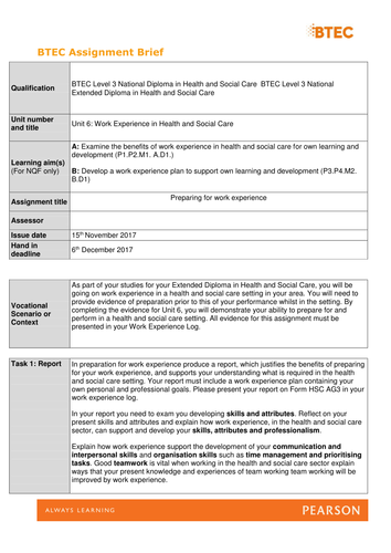 Unit 6. Work experience in Health & Social Care, Assignment briefs [New ...