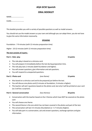 GCSE Speaking questions | Teaching Resources