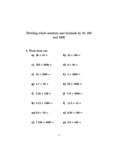 Dividing whole numbers and decimals by 10, 100 and 1000 worksheet (with ...