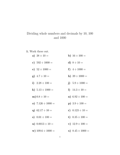 Dividing whole numbers and decimals by 10, 100 and 1000 worksheet (with ...