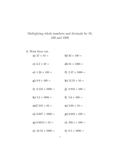 Multiplying and dividing whole numbers and decimals by 10, 100 and 1000 ...