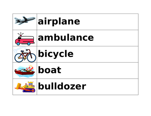 Vehicles in English Word Wall | Teaching Resources