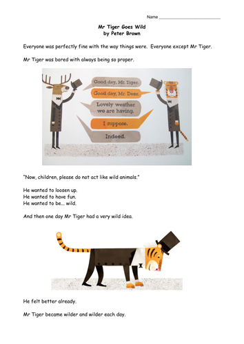 Mr Tiger Goes Wild by Peter Brown _ reading comprehension incl ...