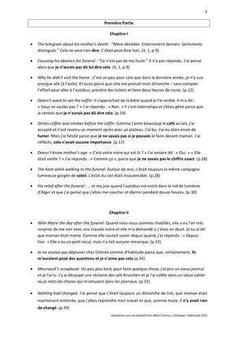 KS5 French Literature: L'étranger - key quotations from Part I ...