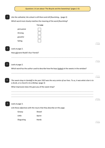 Roald Dahl Boy - Year 6 reading comprehension questions | Teaching ...