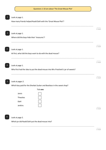 Roald Dahl Boy - Year 6 reading comprehension questions | Teaching ...