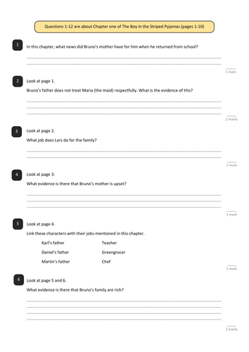 The Boy in the Striped Pyjamas reading comprehension questions ...