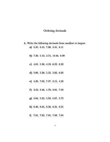 Ordering decimals worksheet (with solutions) | Teaching Resources