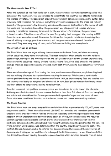 World War One: Homefront / DORA | Teaching Resources