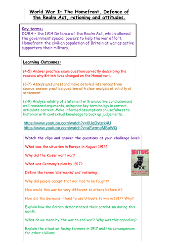 World War One: Homefront / DORA | Teaching Resources