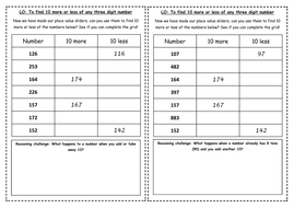 Finding 10 more or 10 less than a number activity | Teaching Resources