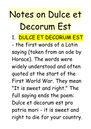 Dulce et Decorum est Outstanding lesson | Teaching Resources