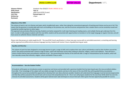 AQA 9-1 GRADED SCHEME OF WORK FRENCH (YEAR 2) | Teaching Resources