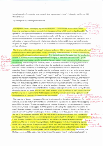 2017 AQA level 9 model answer example love and relationships poetry ...