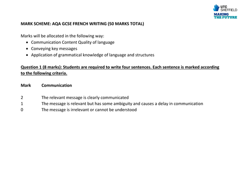 NEW SPEC AQA WRITING ASSESSMENT 9-1 FRENCH WITH MARK SCHEME (SCHOOL ...