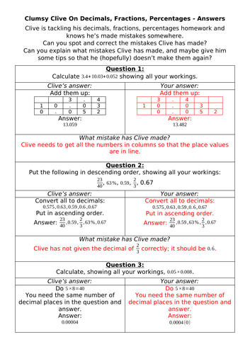 Clumsy Clive On Decimals, Fractions and Percentages | Teaching Resources