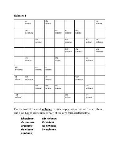 Nehmen German Verb Present Tense Sudoku | Teaching Resources