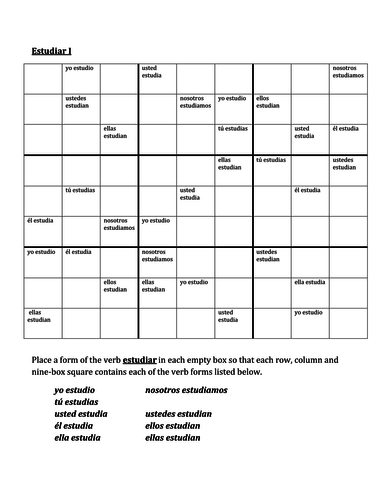 Estudiar Spanish Verb Present Tense Sudoku | Teaching Resources