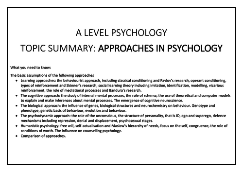 AQA A Level Psychology Year 1 Approaches Summary Booklet | Teaching ...