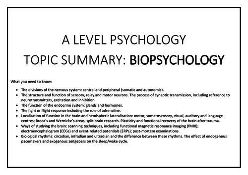 AQA A Level Psychology Year 1 Biopsychology Summary Booklet | Teaching ...