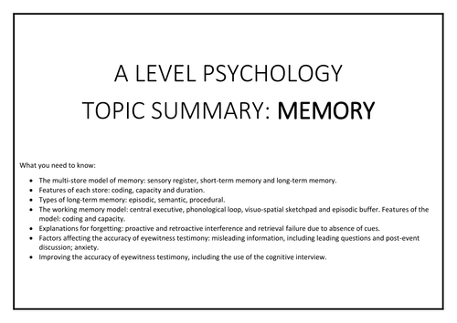 AQA A Level Psychology Year 1 Memory Summary Booklet | Teaching Resources